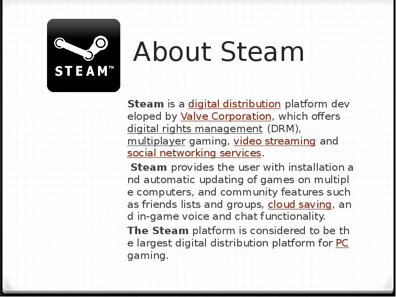 Steam. About Steam. History. User Interface. Games