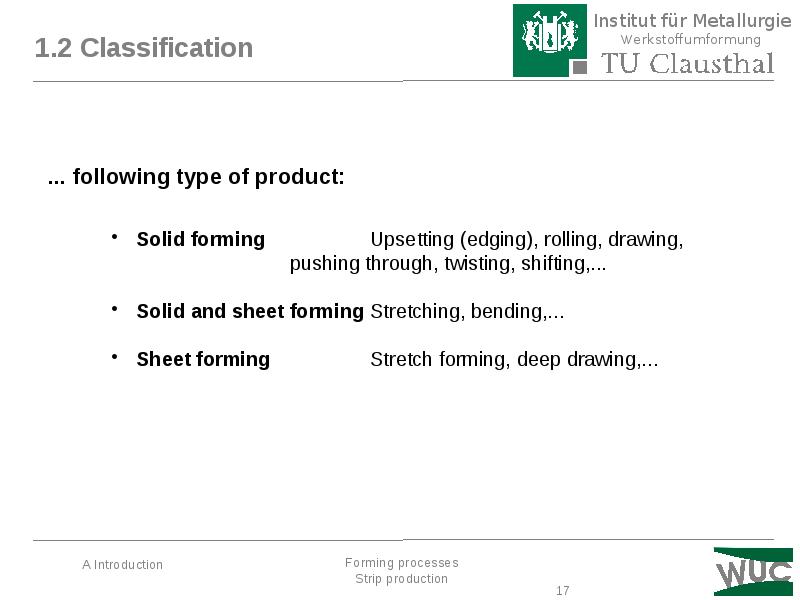 1 TFV I Content Introduction History, classification of forming process