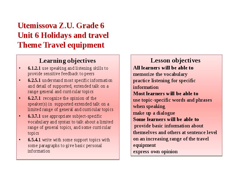 Utemissova Z.U. Grade 6 Unit 6 Holidays and travel Theme Travel equipment