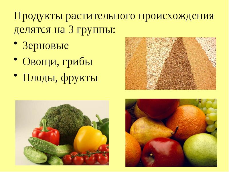 Продукты растительного происхождения, классификация, значение в питании